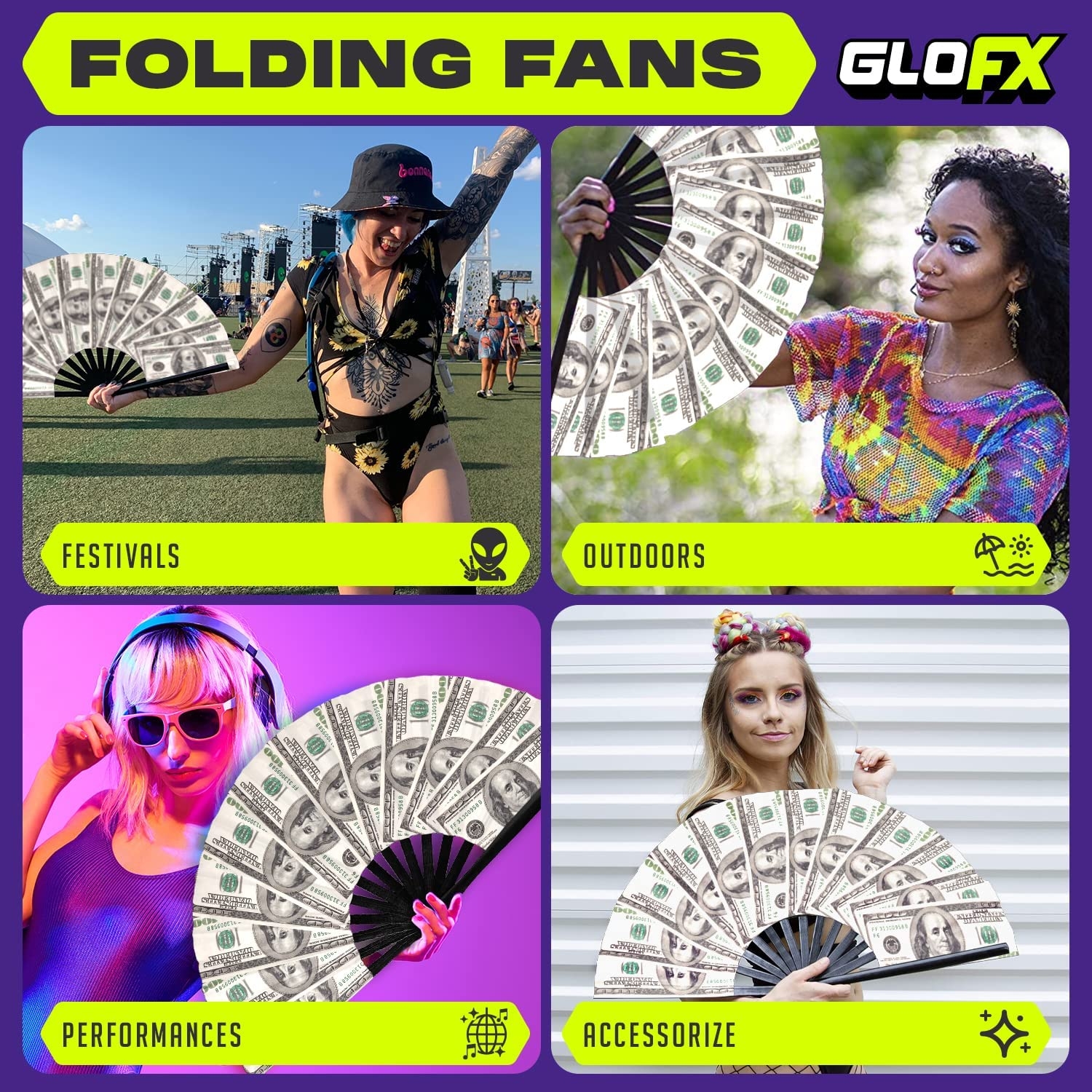 GloFX Folding Fan – Money Stack – Large Rave Clack Folding Hand Fan for ...